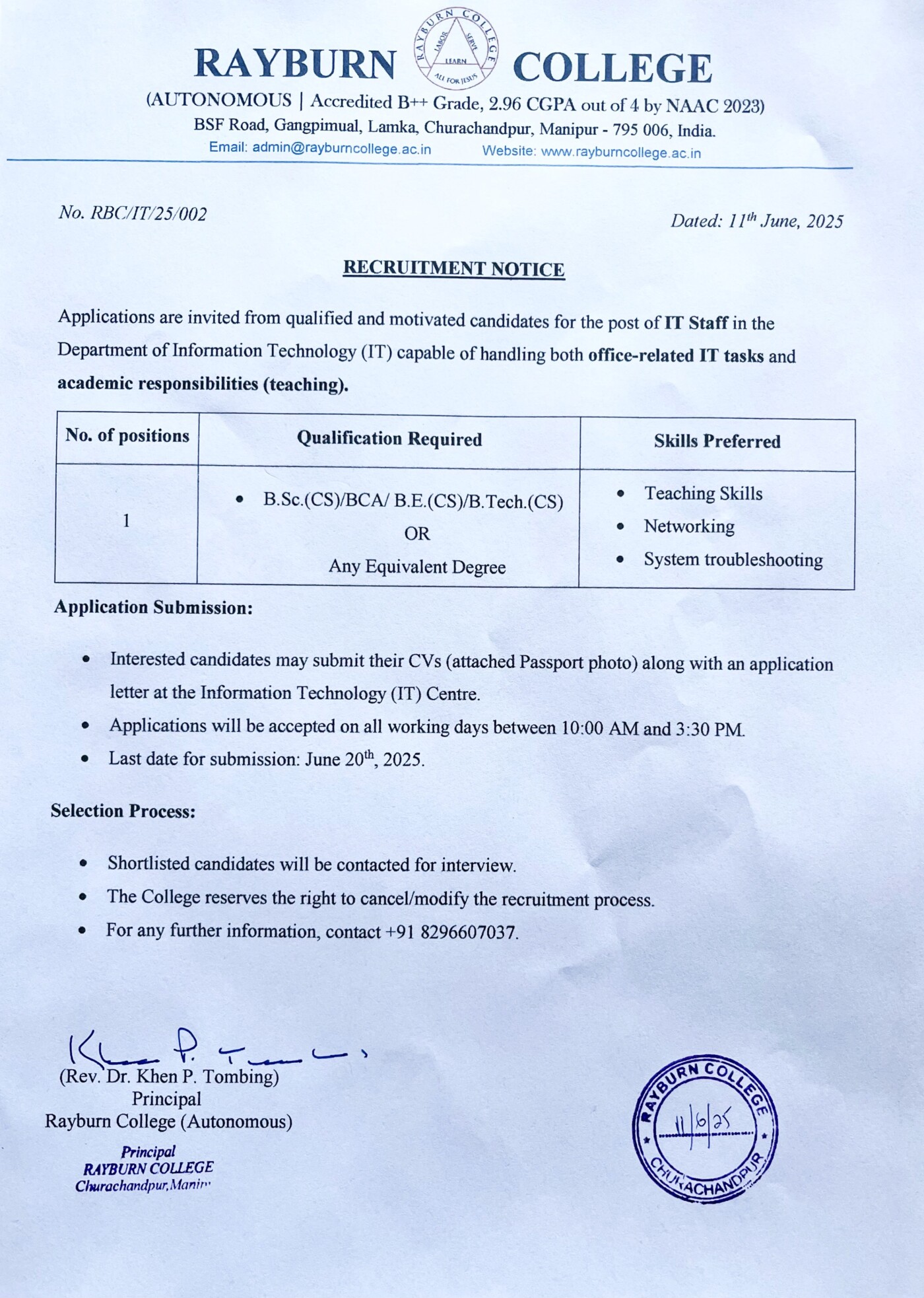 Recruitment Notice for IT Staff - Rayburn College